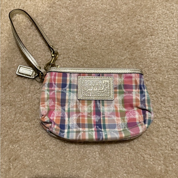 Coach | Bags | Coach Pink And Blue Plaid Wristlet | Poshmark